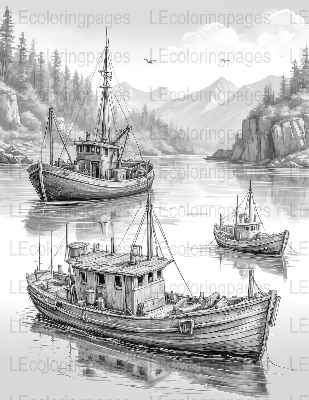 Printable Grayscale Coloring Page, Tranquil Fishing Boats, Relaxing ...