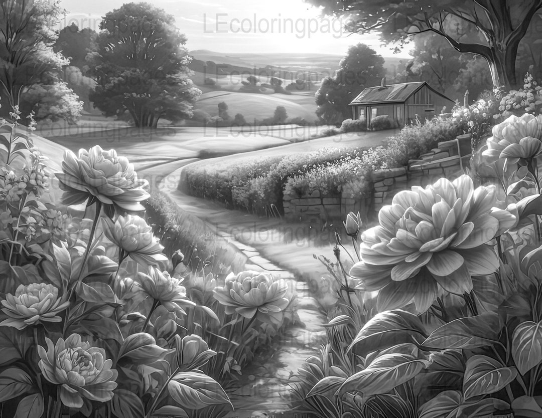 Grayscale Countryside Scenery Adult Coloring Page, Relaxing JPEG ...