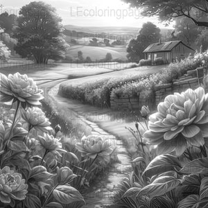 Grayscale Countryside Scenery Adult Coloring Page, Relaxing JPEG ...