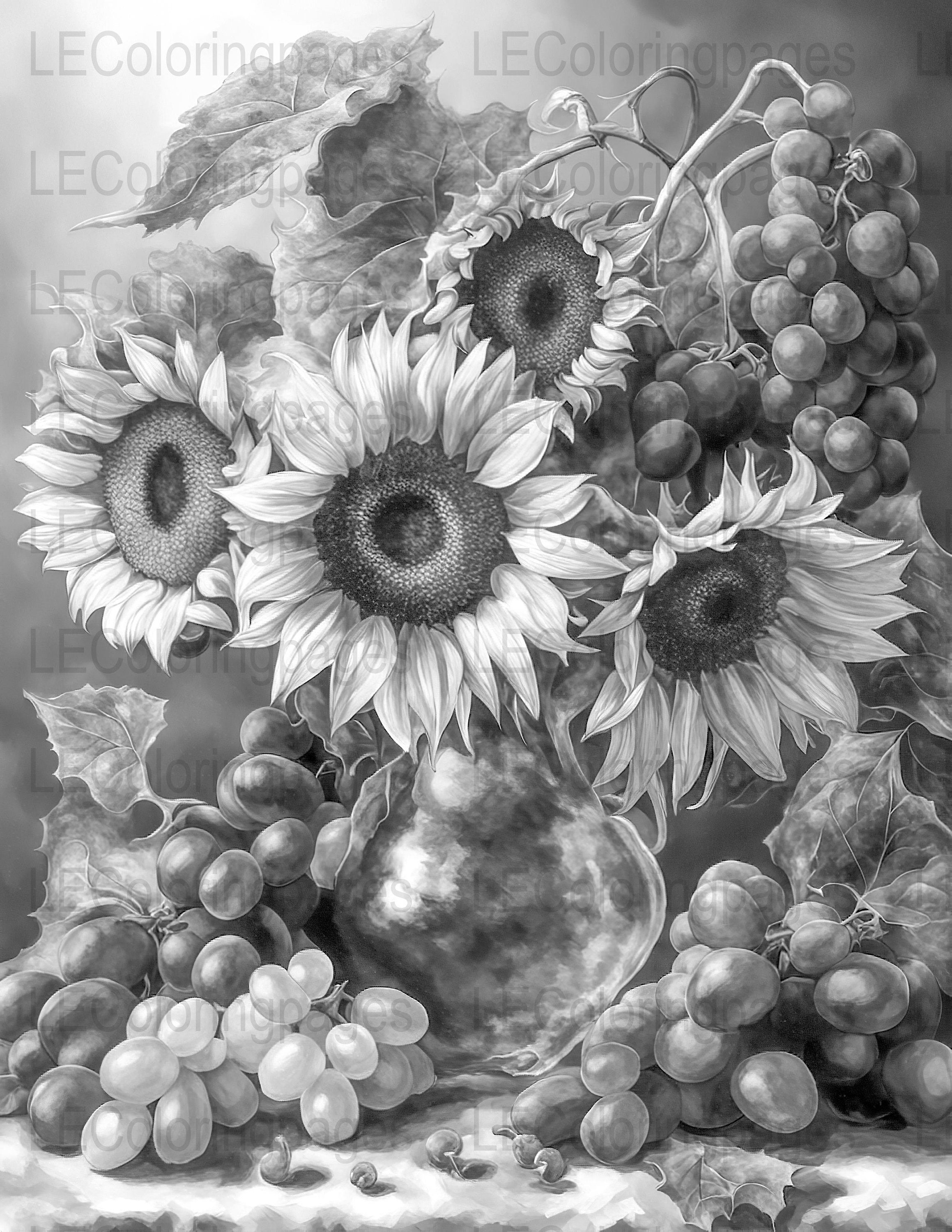Sunflowers Grayscale Coloring Page for Adults 56 Instant Download ...