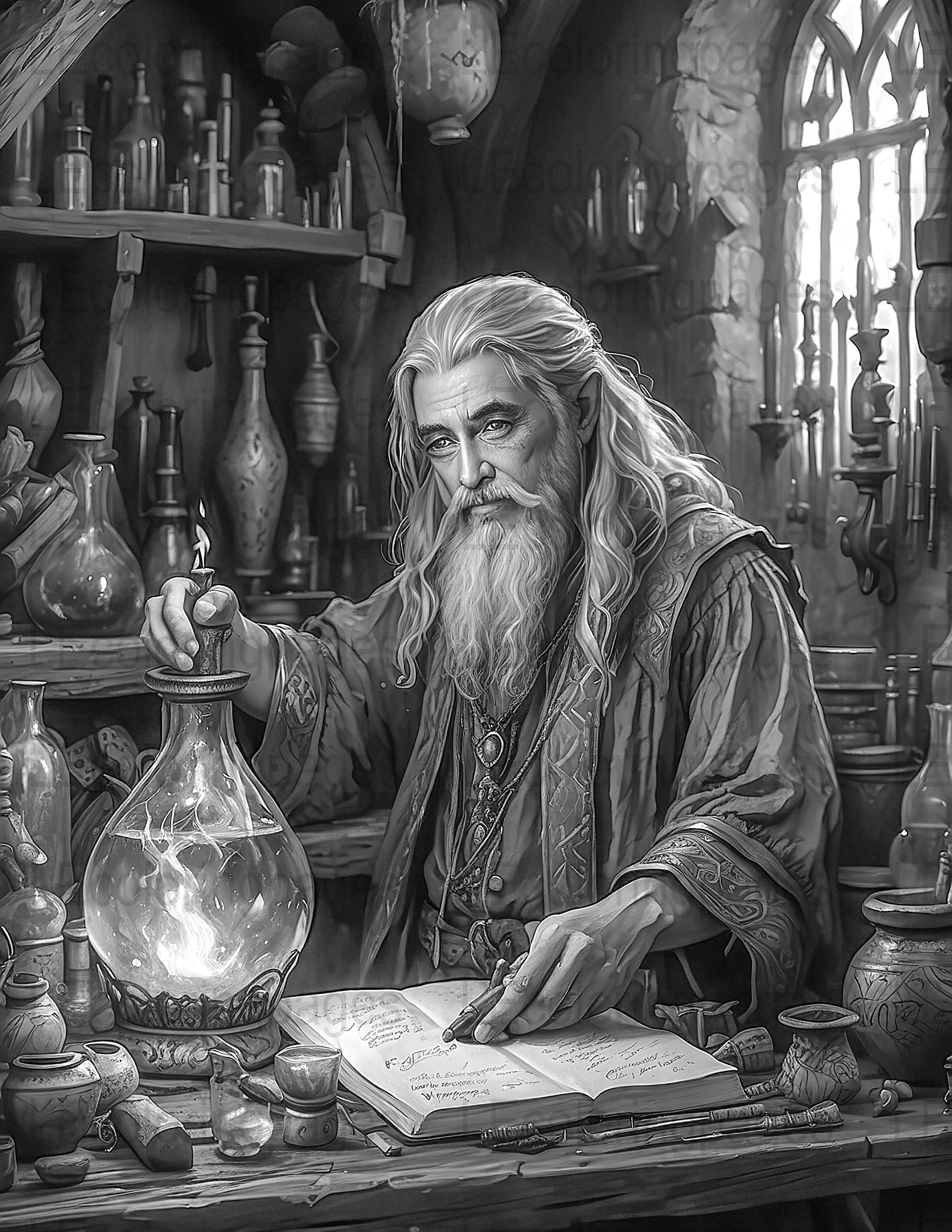Fantasy Wizard Grayscale Coloring Page, Adult Stress Relief, Magical ...