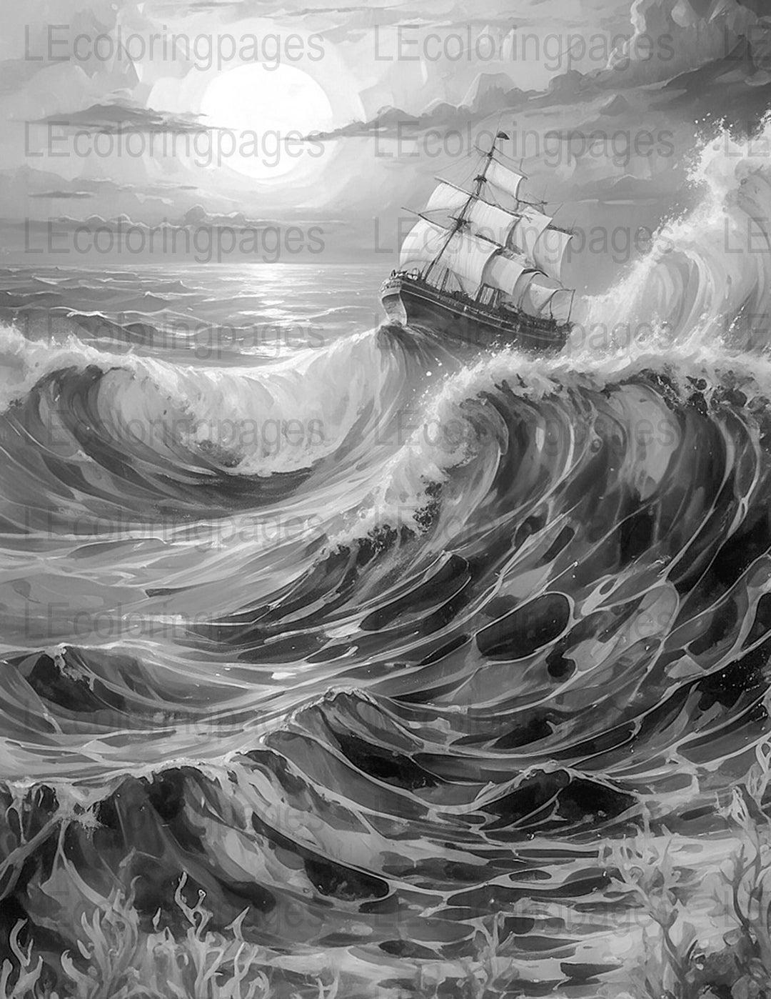 Grayscale Nautical Coloring Page for Adults, Stress Relief Ocean Ship ...