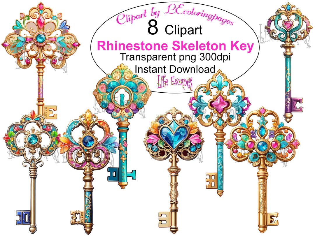 Rhinestone Skeleton Key Clipart 8 Clipart Set Commercial POD Use ...