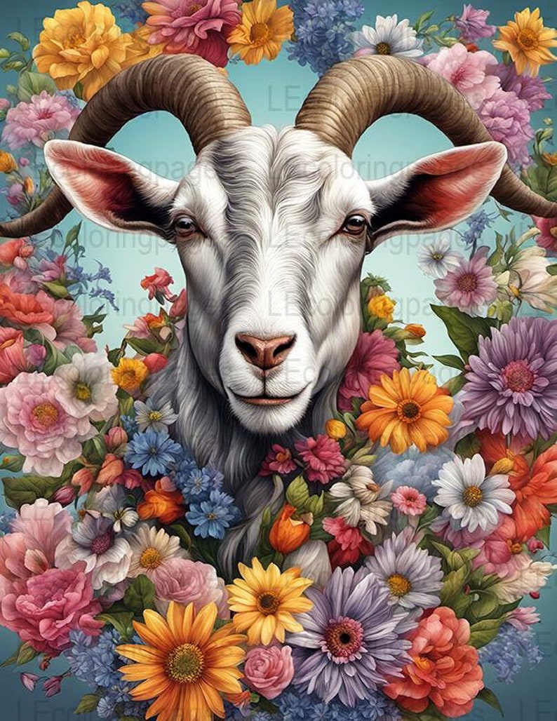 Adult Coloring Page Printable Goat, Grayscale Floral Design, Relaxing ...