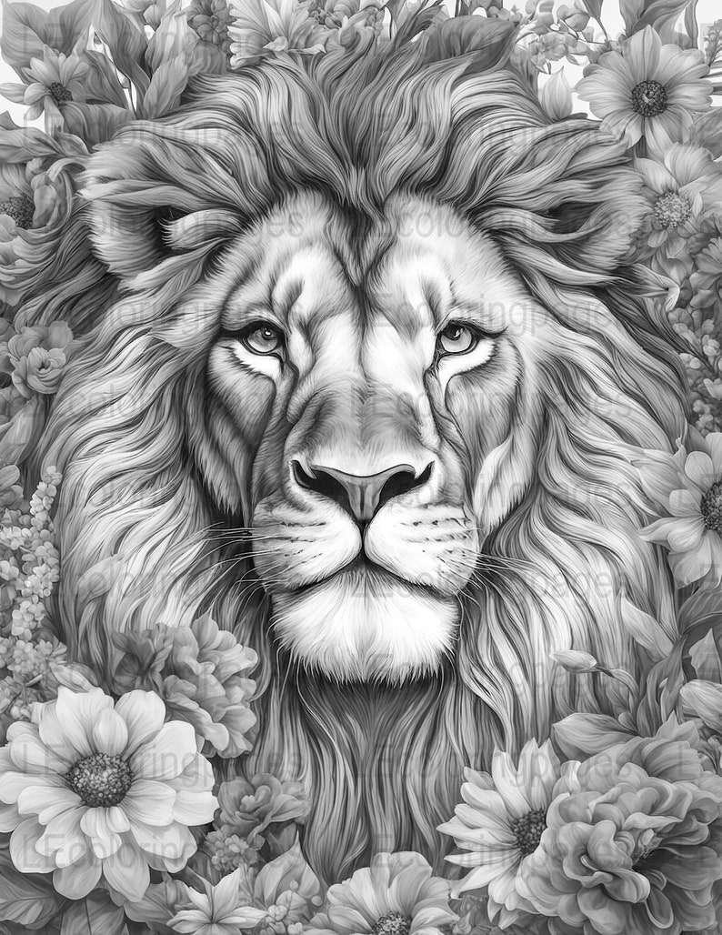 Majestic Lion Adult Coloring Page, Printable Grayscale Animal ...