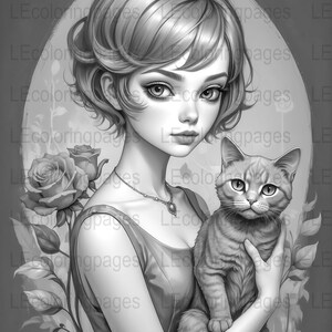 Gothic Cat Girl Coloring Page - Grayscale Fantasy Art (digital Download ...