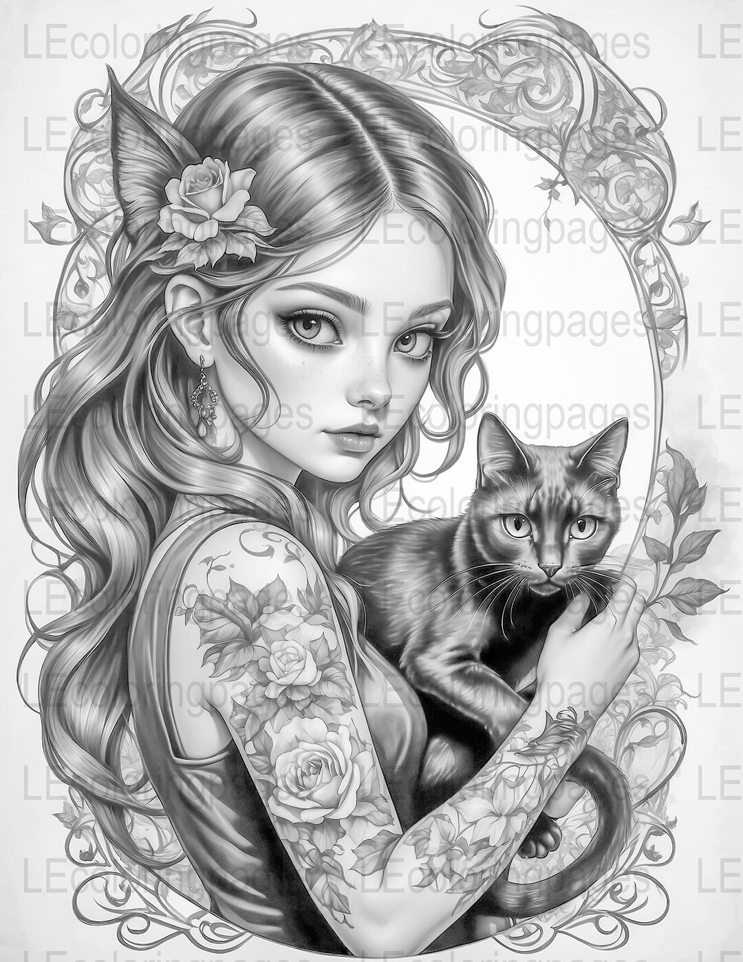 Gothic Cat Girl Grayscale Coloring Page for Adults #50 - Instant ...