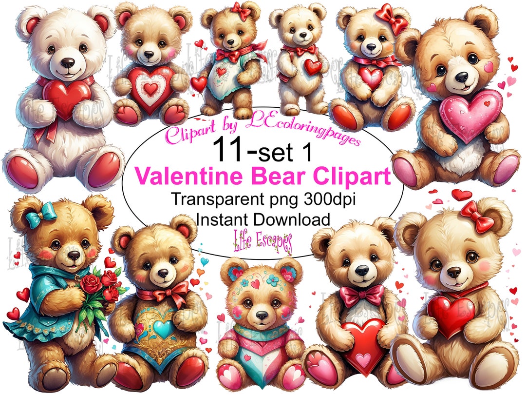 Printable Valentine Bear Clipart Bundle - Set #1, PNG, Commercial Use ...