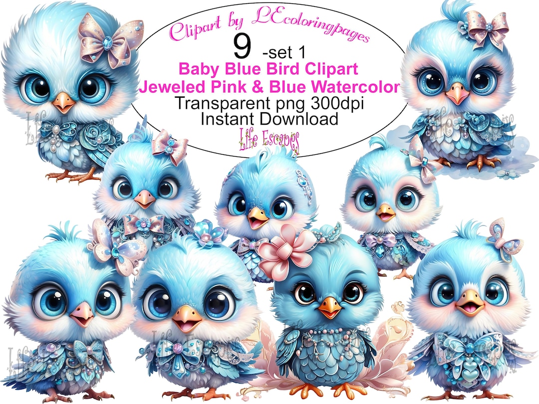 Cute Baby Blue Bird Clipart Set, Watercolor Blue Bird Clip Art, Pink ...