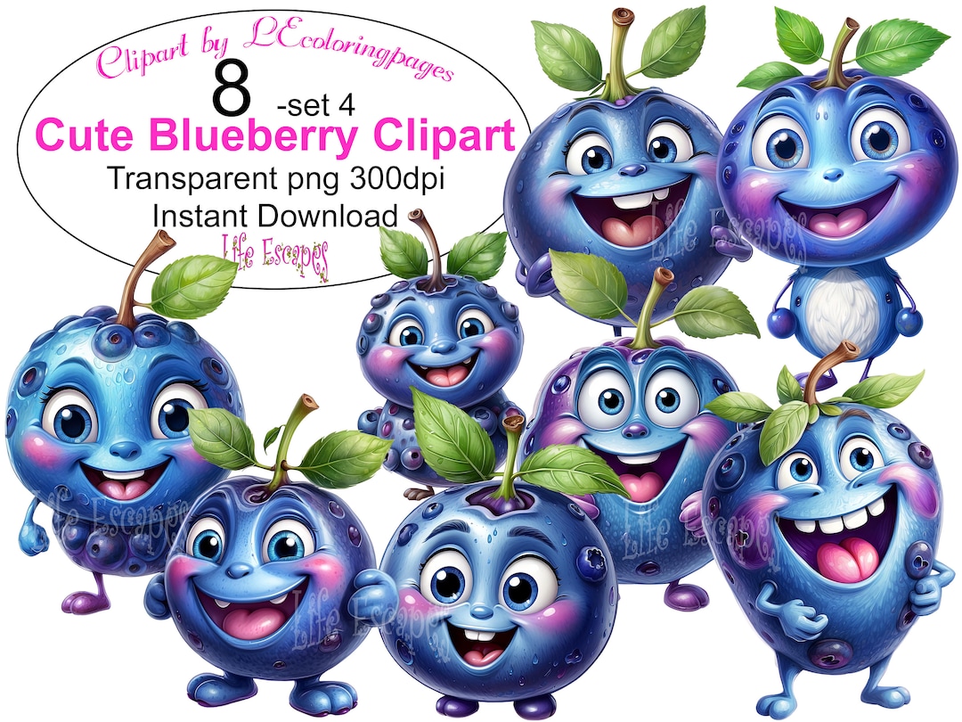 Cute Blueberry Cartoon Clipart, Smiling Fruit Digital PNG, Kids ...