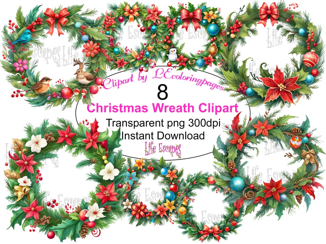 Printable Christmas Wreath Clipart Set - Set #1, PNG, Commercial Use ...