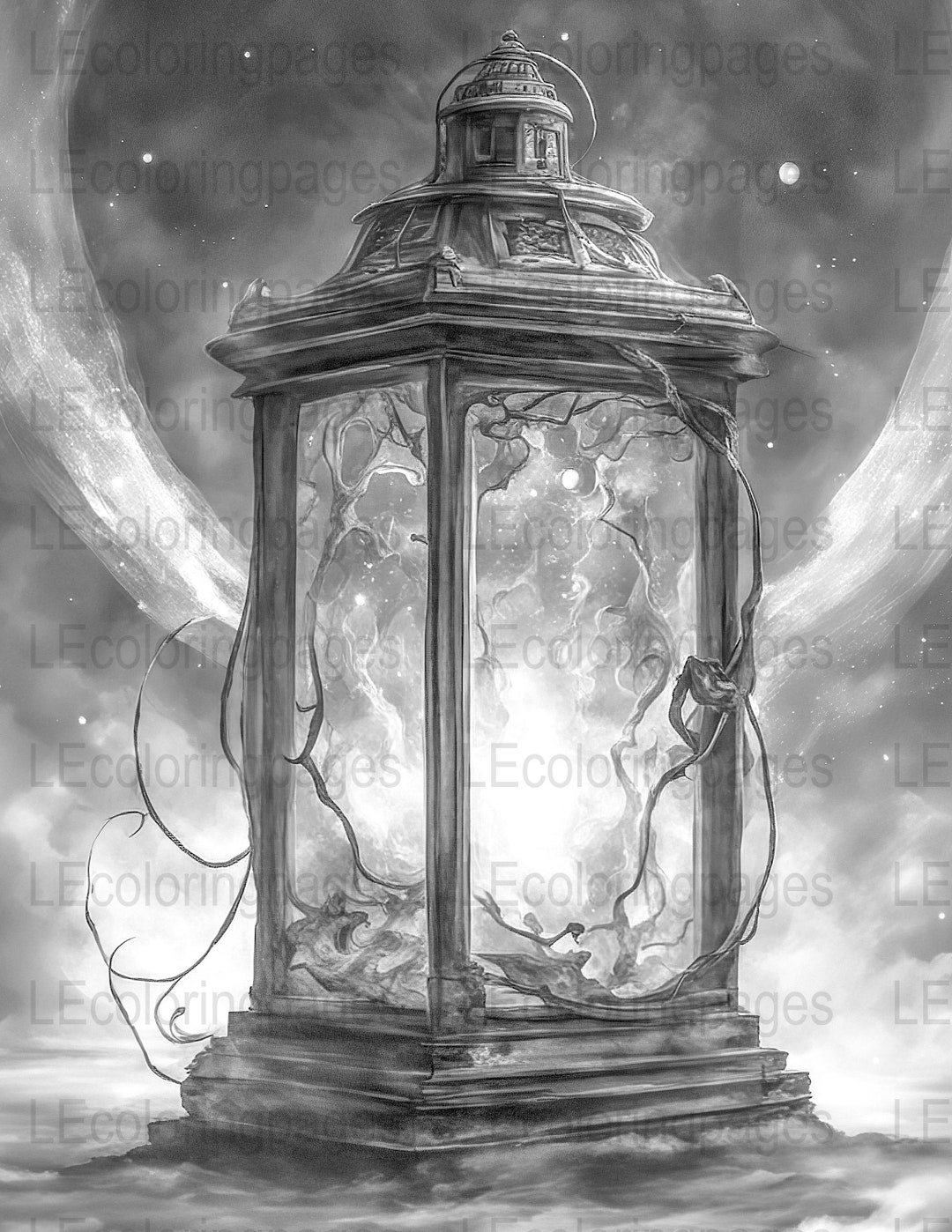Fantasy Lantern Coloring Page for Adults, Celestial Grayscale Art ...