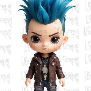 Punk Chibi Kids Clipart Set, Mohawk Hairstyle Cartoon Illustrations ...