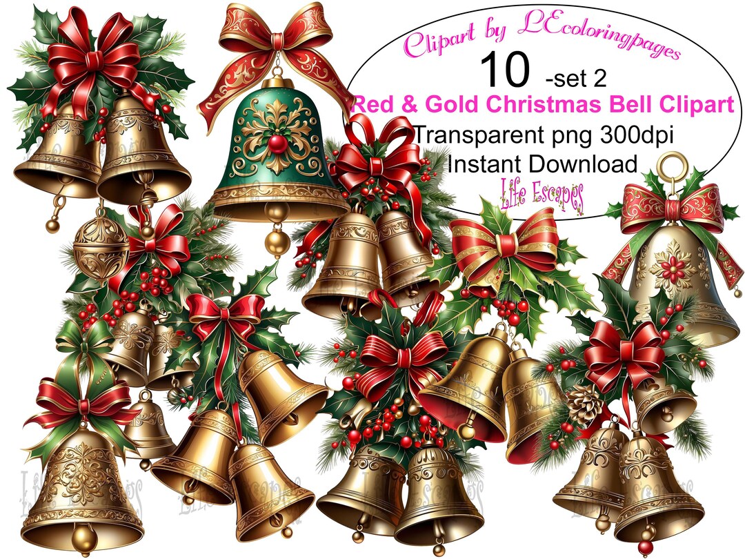 Christmas Bell Clipart Bundle, Red and Gold Bells, 10 Set, Commercial ...