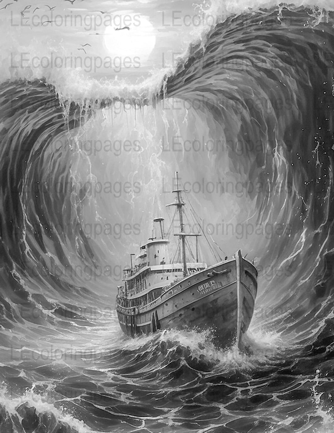 Ocean Storm Ship Grayscale Coloring Page for Adults, High Seas ...