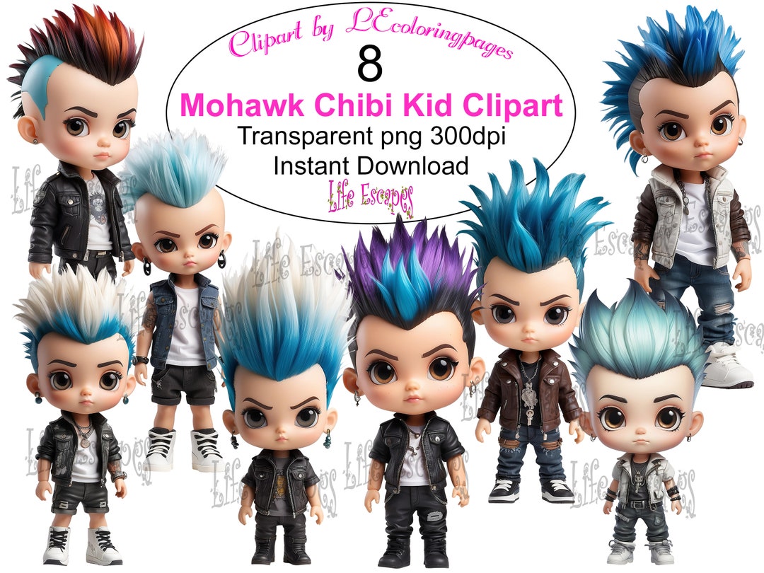 Punk Chibi Kids Clipart Set, Mohawk Hairstyle Cartoon Illustrations ...