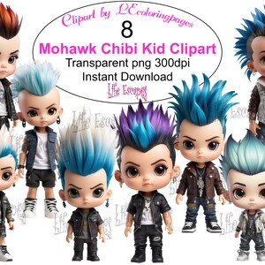 Punk Chibi Kids Clipart Set, Mohawk Hairstyle Cartoon Illustrations ...