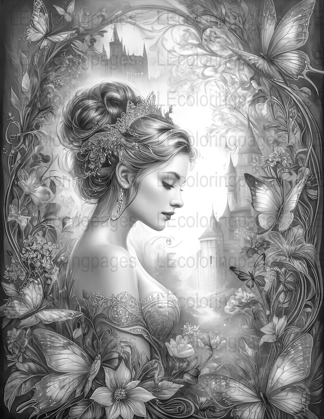 Enchanted Castle Grayscale Coloring Page, Fantasy Adult Coloring, Fairy ...