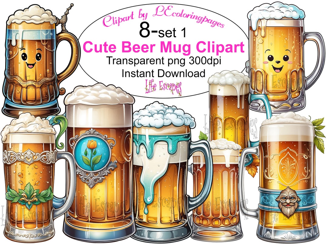 Cute Beer Mug Clipart Set, Oktoberfest Graphics, Craft Beer PNG, Bar ...