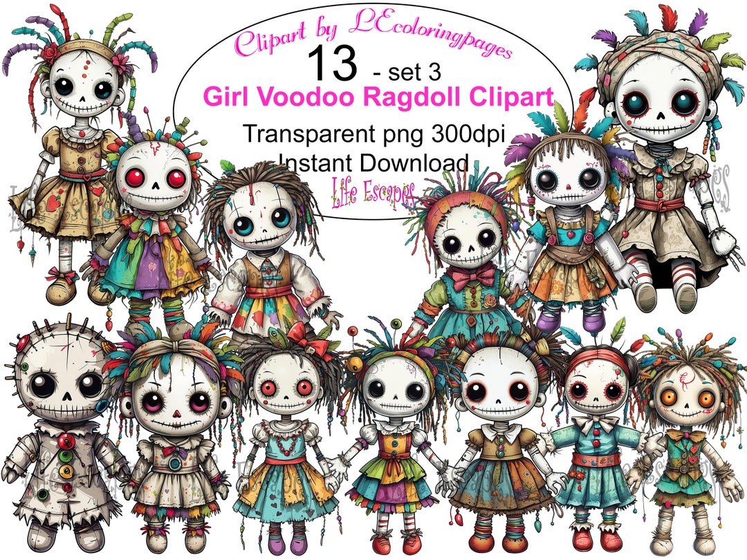 Girl Voodoo Ragdoll Clipart Set, 13 PNG Images, Instant Download ...