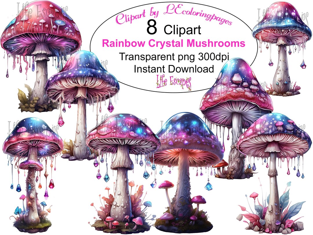 8 Clipart Rainbow Crystal Mushrooms Transparent Png 300dpi Instant ...