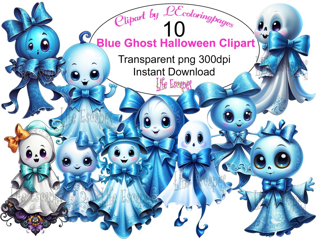 Blue Ghost Halloween Clipart, 10 Transparent PNG, 300dpi, Instant ...