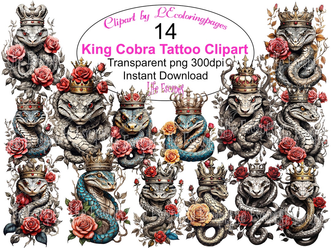 King Cobra Tattoo Clipart Set, Snake With Crown and Roses, Digital ...