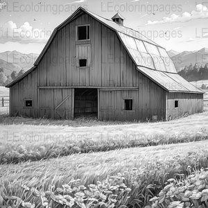 Rustic Barn Grayscale Coloring Page, Printable Adult Stress Relief ...