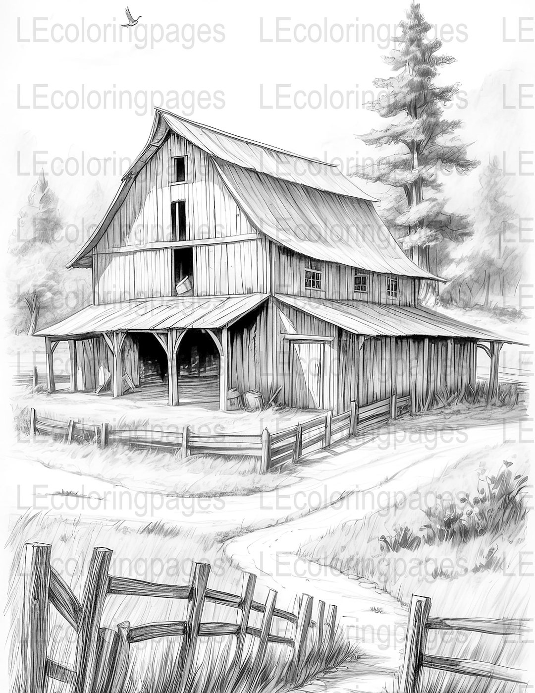 Rustic Barn Digital Coloring Page, Grayscale JPG, Relaxing Countryside ...