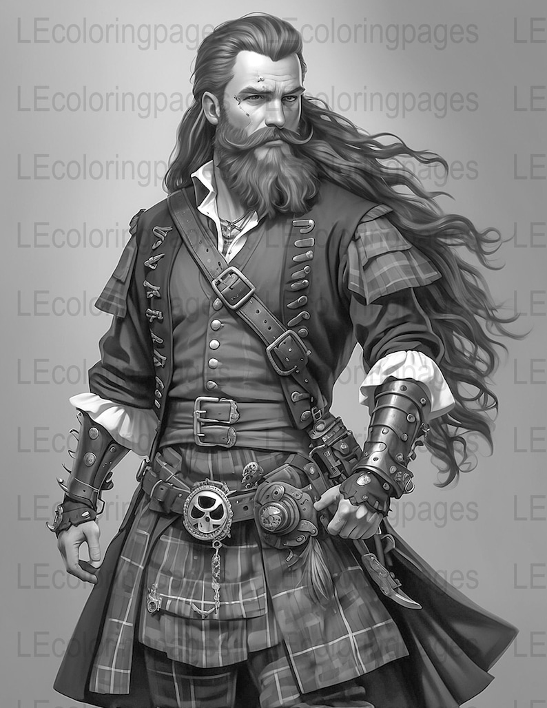 Intricate Scottish Pirate Grayscale Coloring Page for Adults, Printable ...