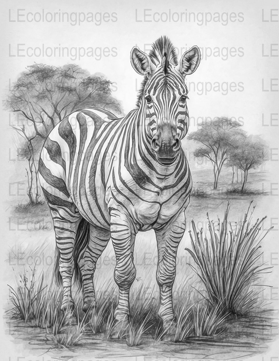 Grayscale Zebra Coloring Page for Adults, Printable JPG, Detailed ...