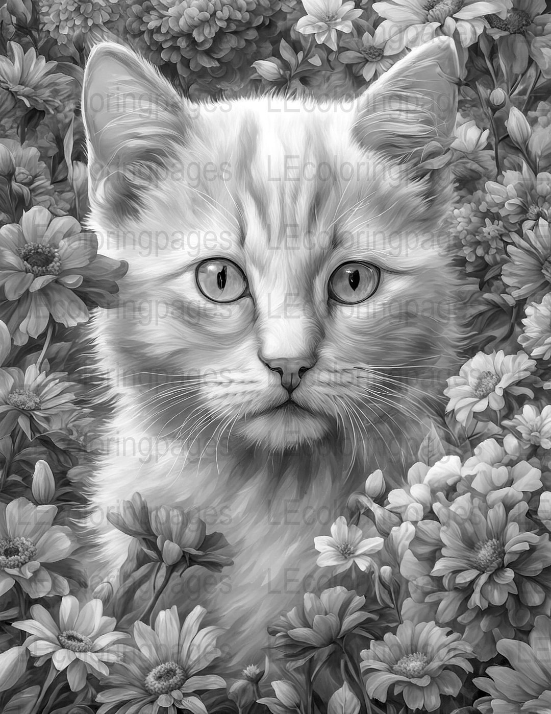 Grayscale Cat Coloring Page for Adults, Printable Floral Cat Design ...