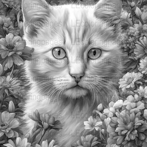 Grayscale Cat Coloring Page for Adults, Printable Floral Cat Design ...