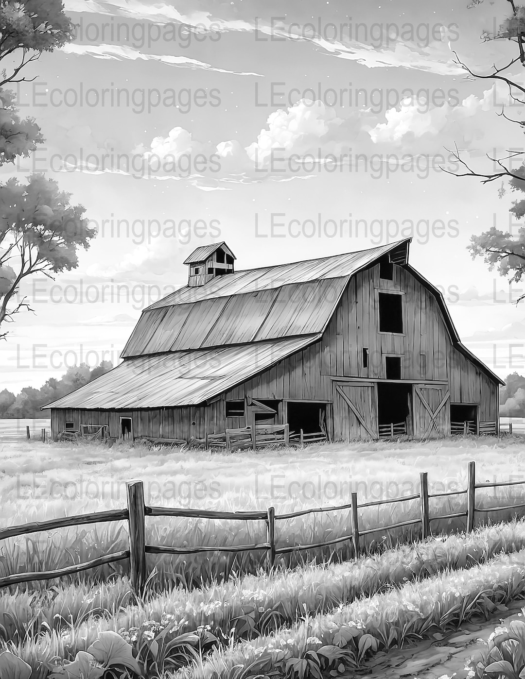 Rustic Barn Grayscale Coloring Page for Adults, Printable Countryside ...