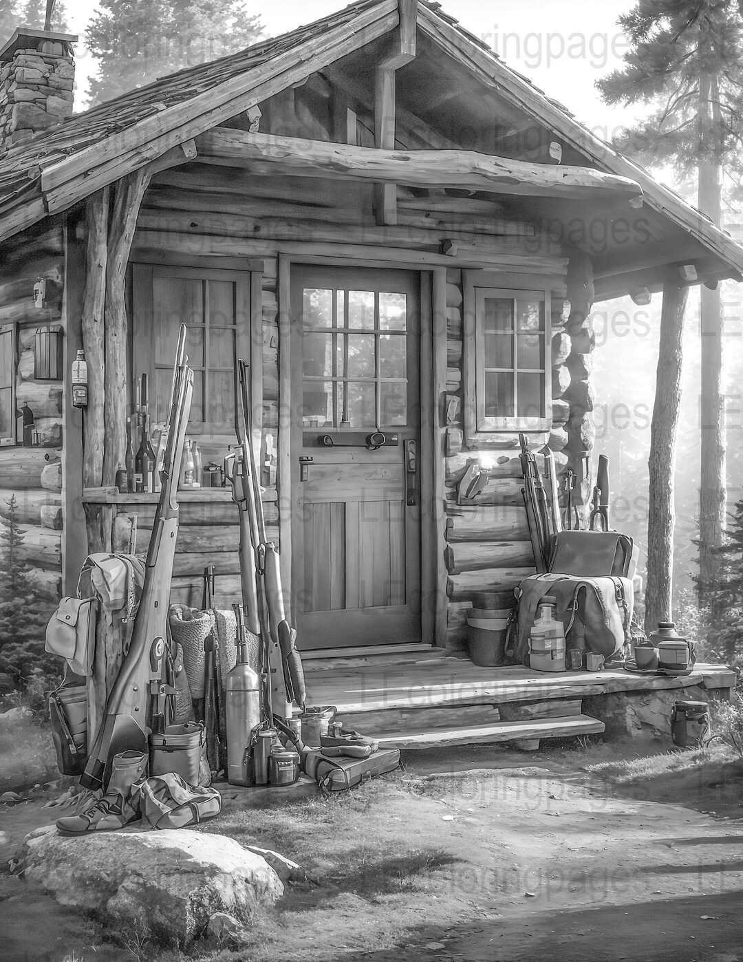 Hunting Cabin Grayscale Coloring Page for Adults #20 - Instant Download ...