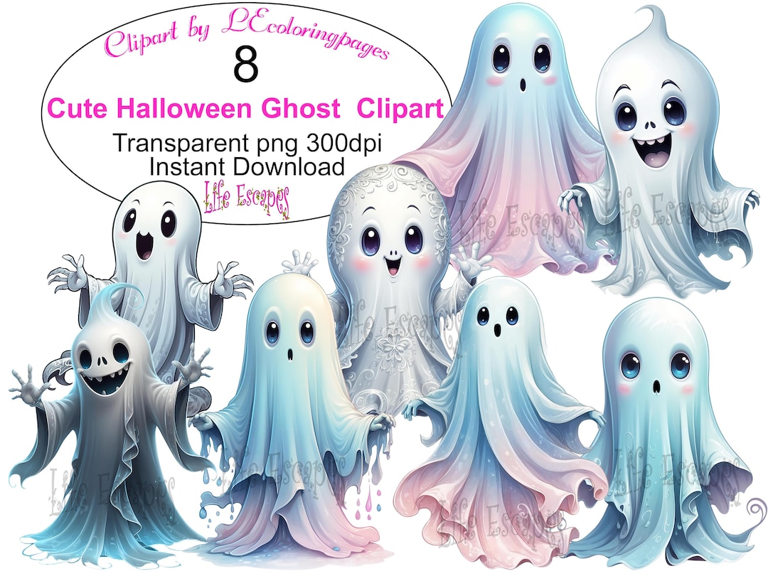 Cute Halloween Ghost Clipart Set, Transparent PNG 300dpi Instant ...