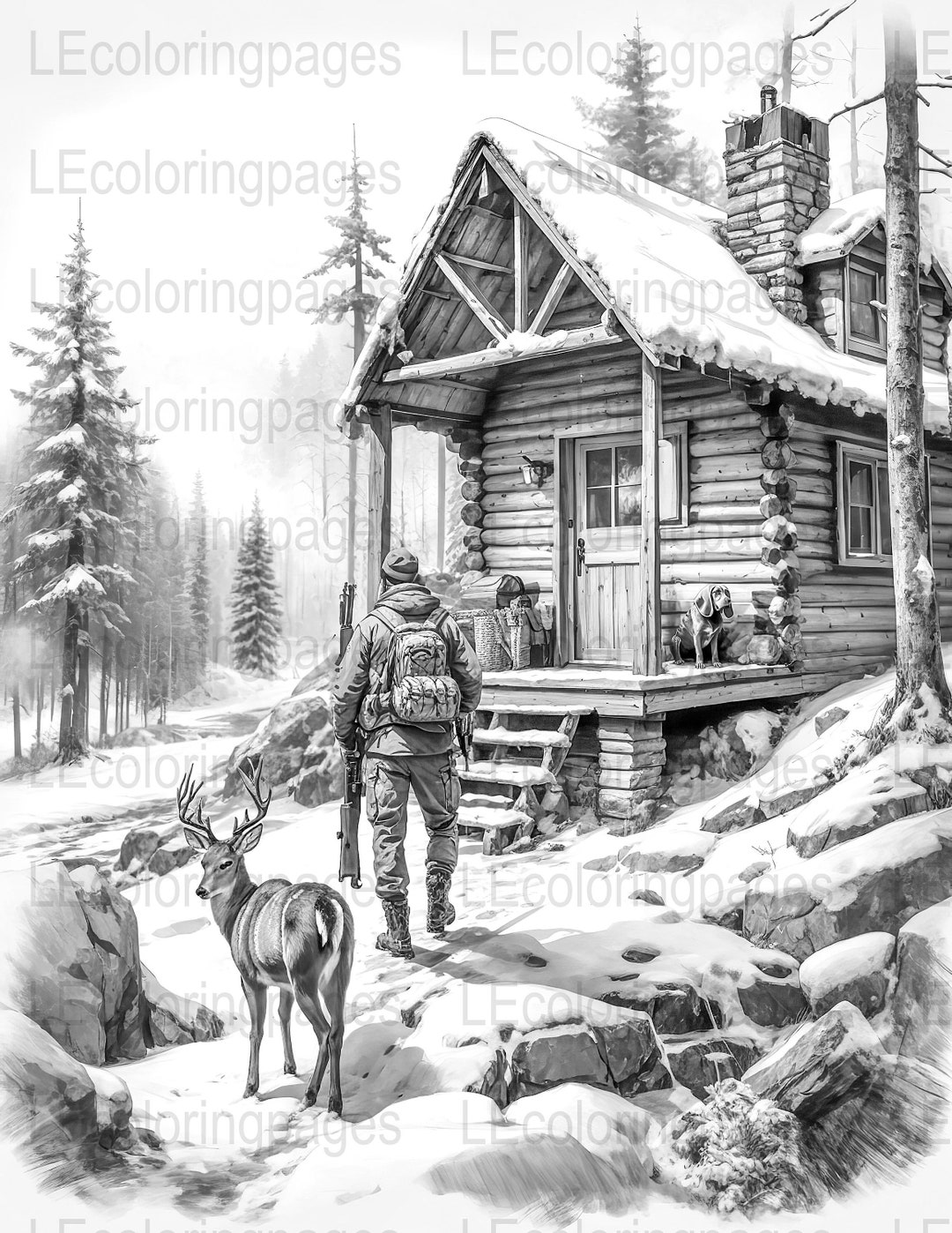 Hunting Cabin Grayscale Coloring Page for Adults #94 - Instant Download ...