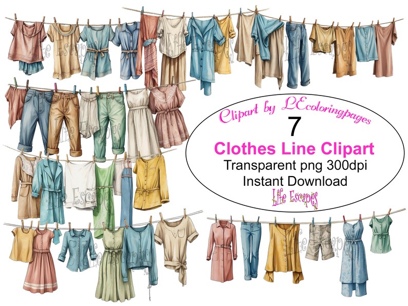 Vintage Laundry Clothesline Clipart Set, Watercolor Clothes ...