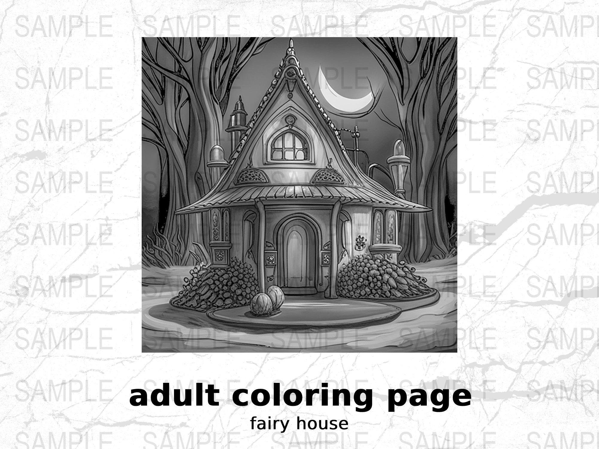 Printable Coloring Page Enchanting Grayscale Fairy House - Etsy