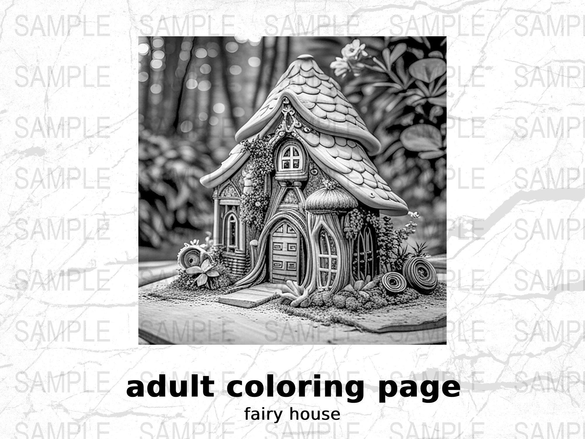 Printable Coloring Page Enchanting Grayscale Fairy House - Etsy