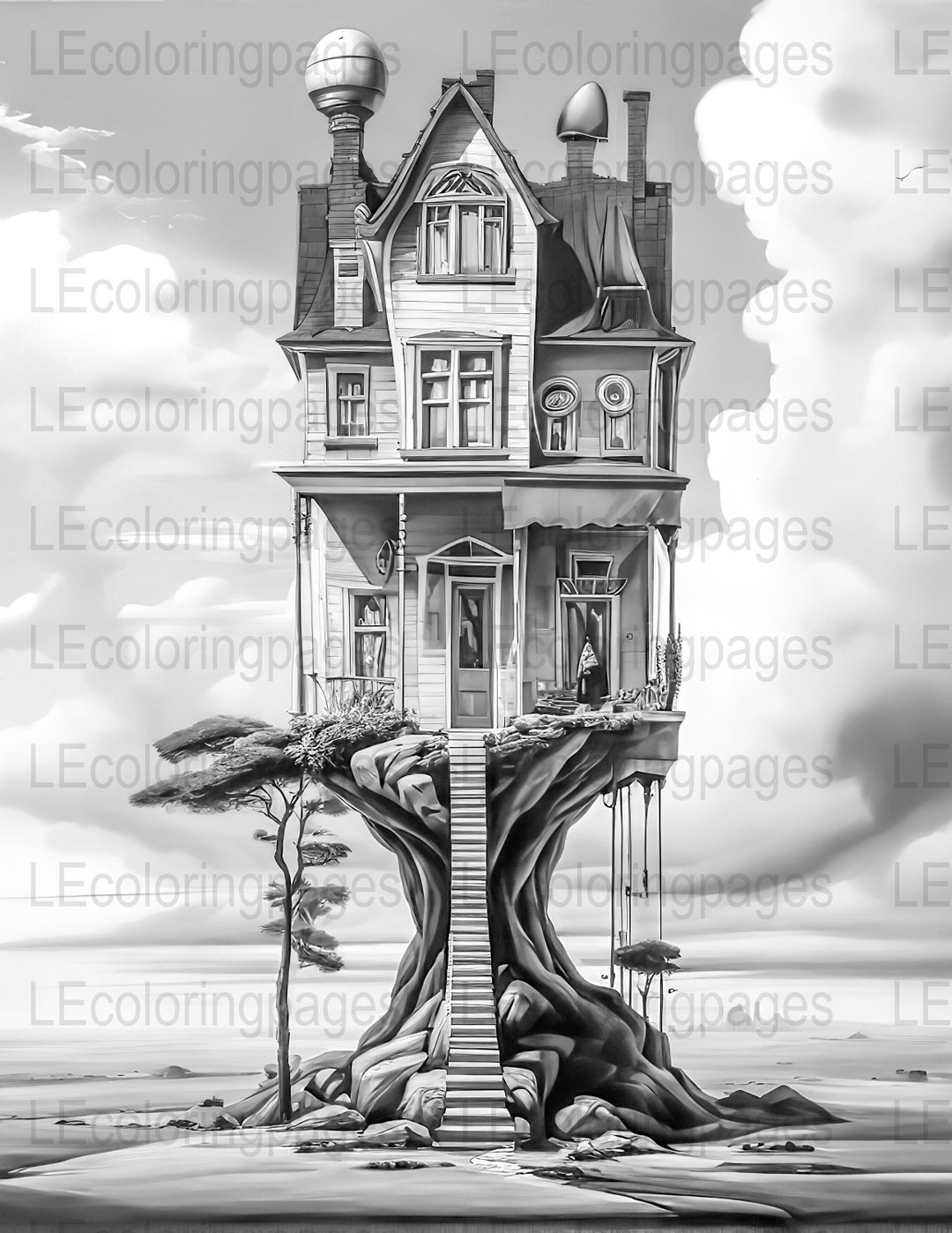 Grayscale Victorian Tall House on Tree Digital Coloring Page, Fantasy ...