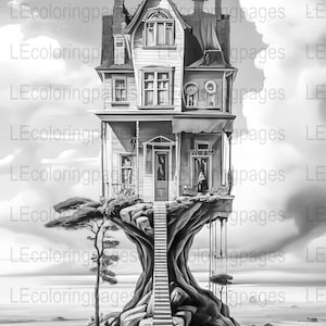 Grayscale Victorian Tall House on Tree Digital Coloring Page, Fantasy ...