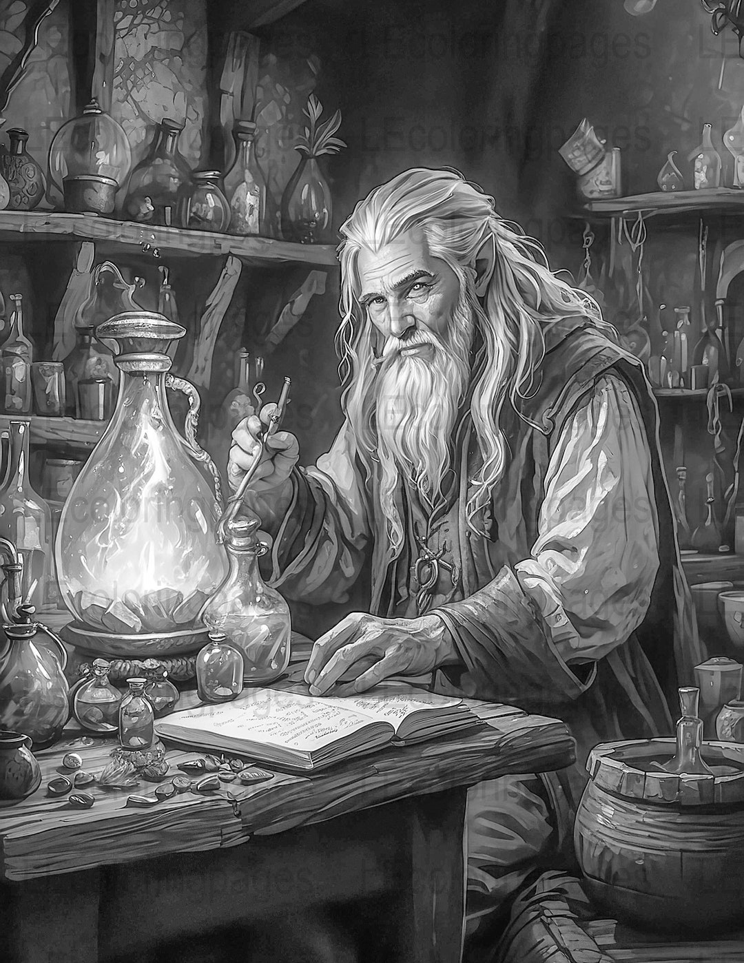 Fantasy Alchemist Coloring Page, Adult Grayscale Digital Download ...