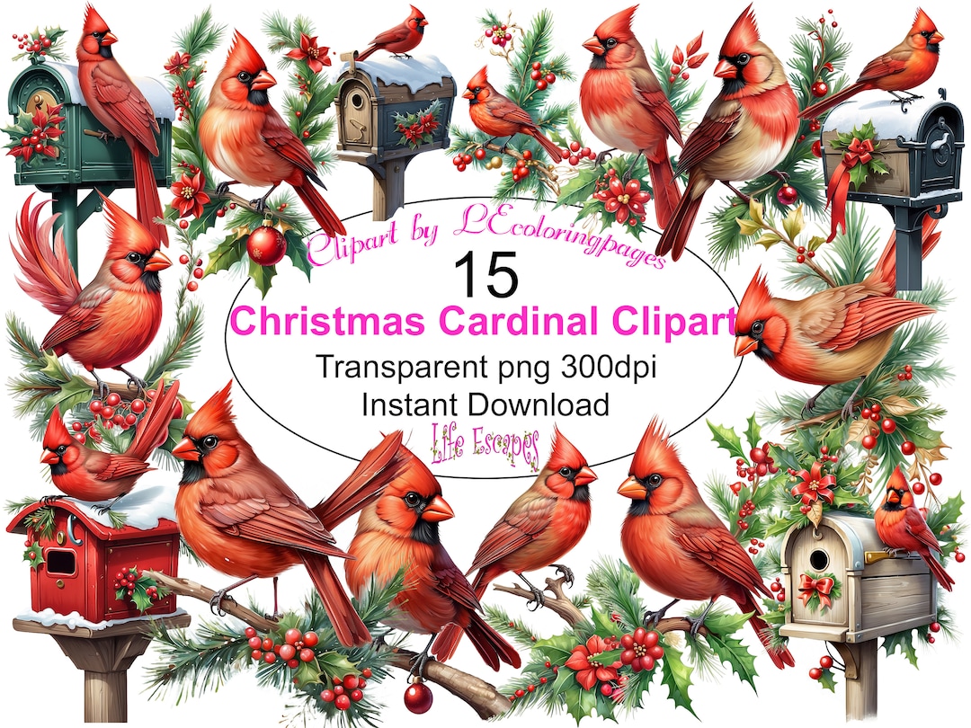 Printable Christmas Cardinals Clipart Set - Set #1, PNG, Commercial Use ...