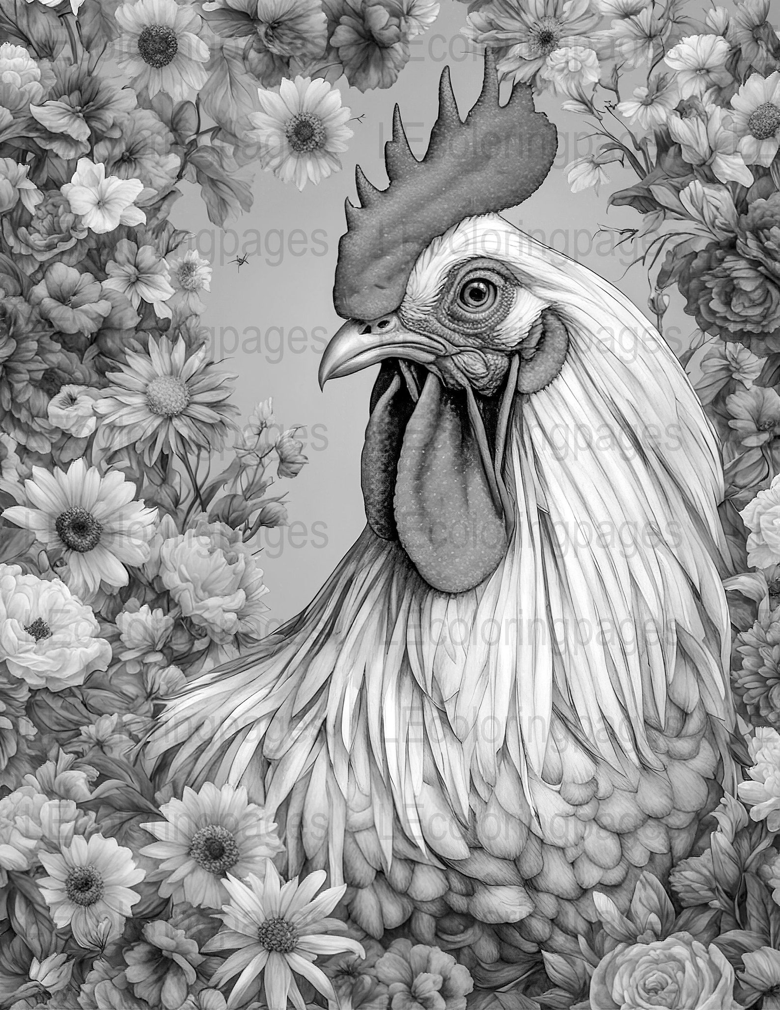 Printable Adult Coloring Page, Grayscale Rooster and Flowers, Intricate ...