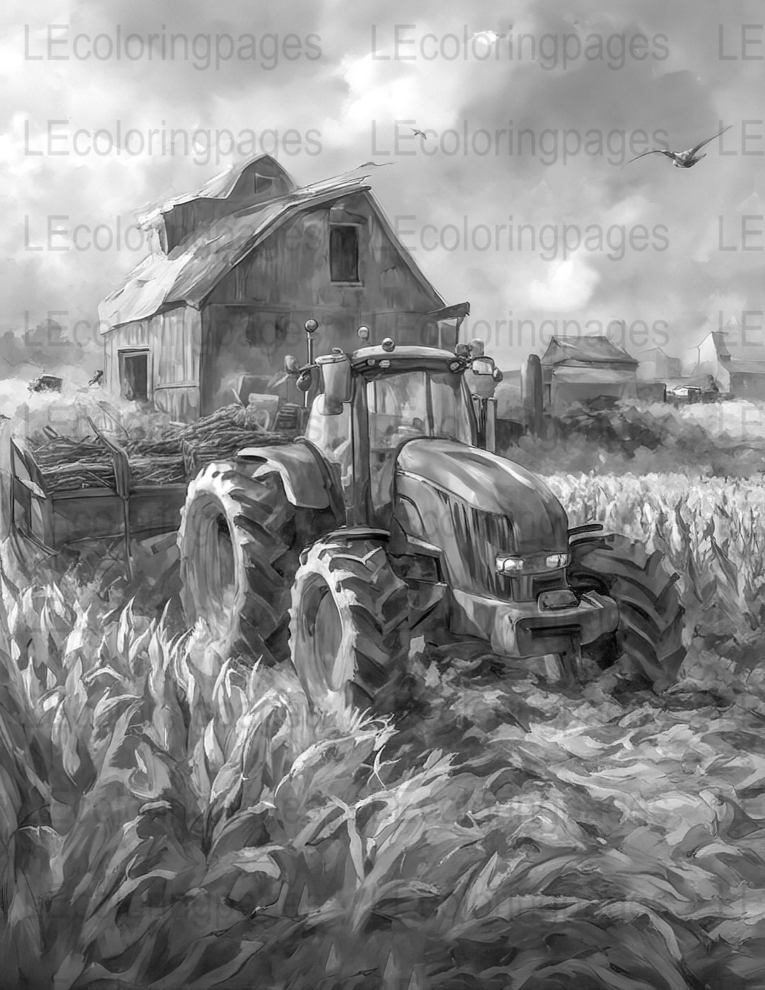 Farm Country Coloring Page for Adults, Grayscale Barn and Tractor Scene ...