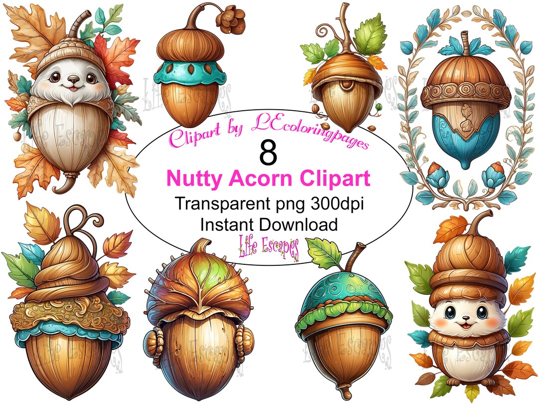 Printable Cute Acorn Clipart Bundle - Set #1, PNG, Commercial Use ...