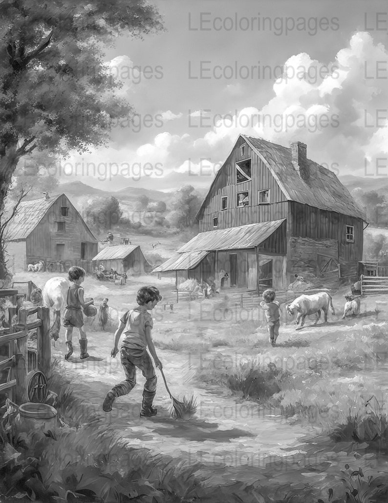 Farm Country Adult Coloring Page, Rustic Barn Printable, Grayscale ...