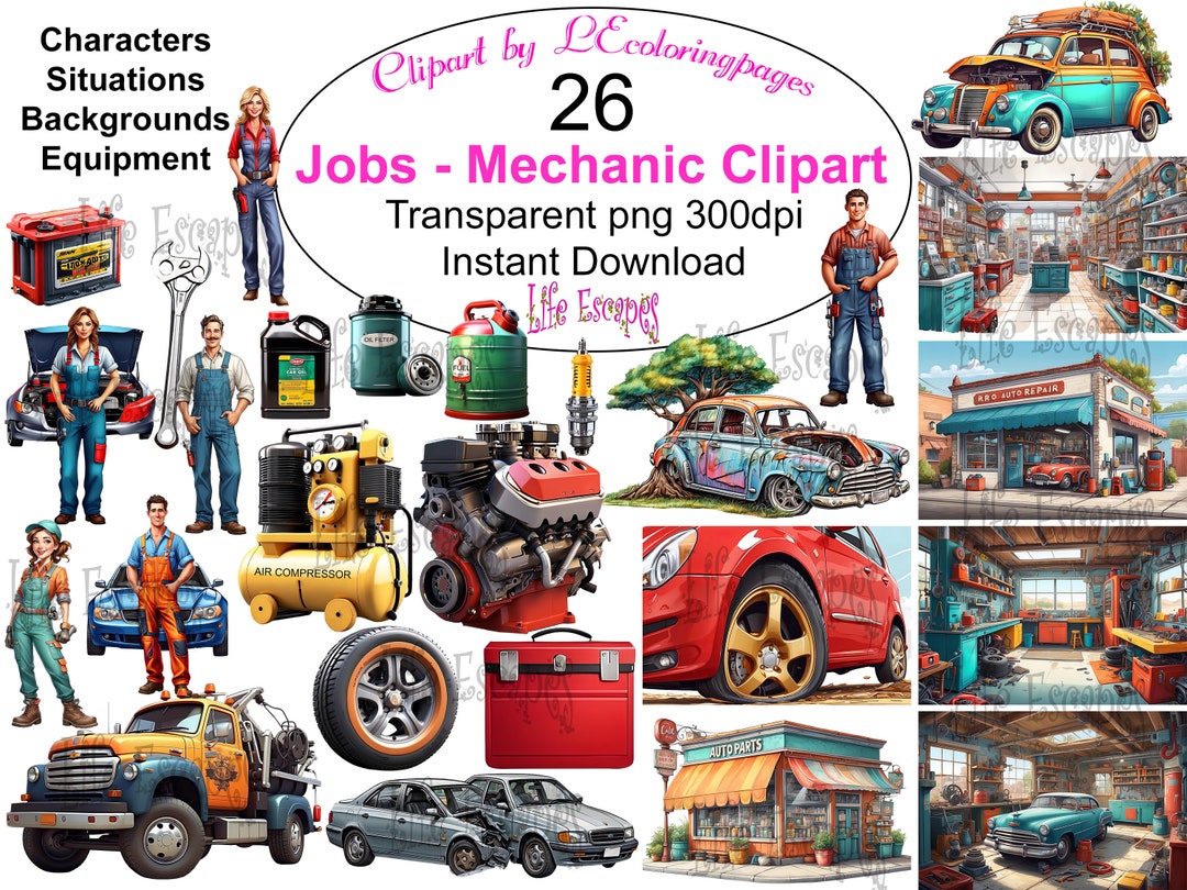 Mechanic Clipart Set, Car Repair Illustrations, Auto Garage Digital ...
