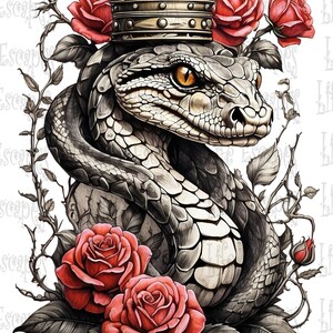 King Cobra Tattoo Clipart Set, Snake With Crown and Roses, Digital ...